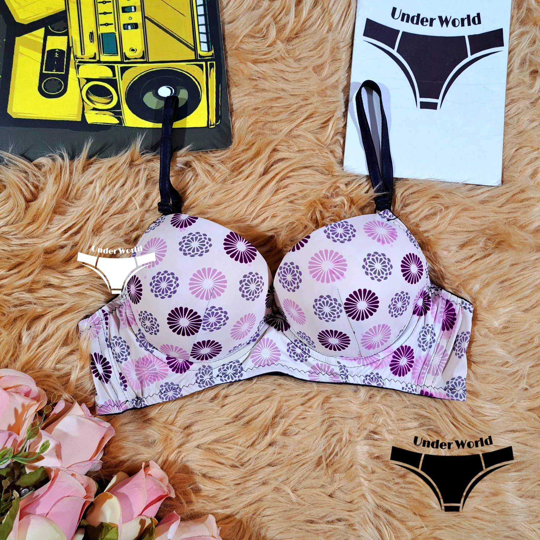 Circle Flower Print Soft Comfortable Pushup Padded Bra for Sexy Women and Girls - Under World BD