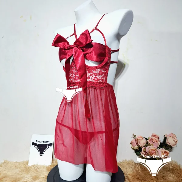 Red Transparent Attractive Bow Honeymoon Couple Nighty For Women and ...