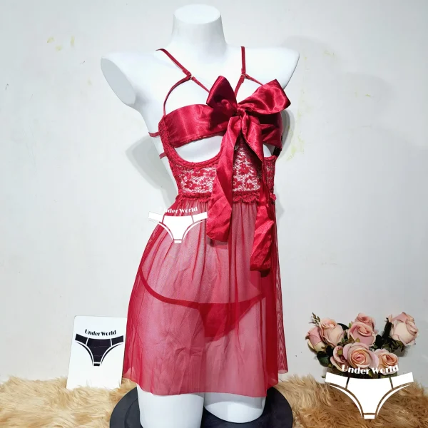 Red Transparent Attractive Bow Honeymoon Couple Nighty For Women and ...