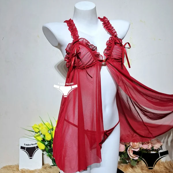 Premium Red Short Fancy Elastic Mesh Transparent Nighty & Panty ...